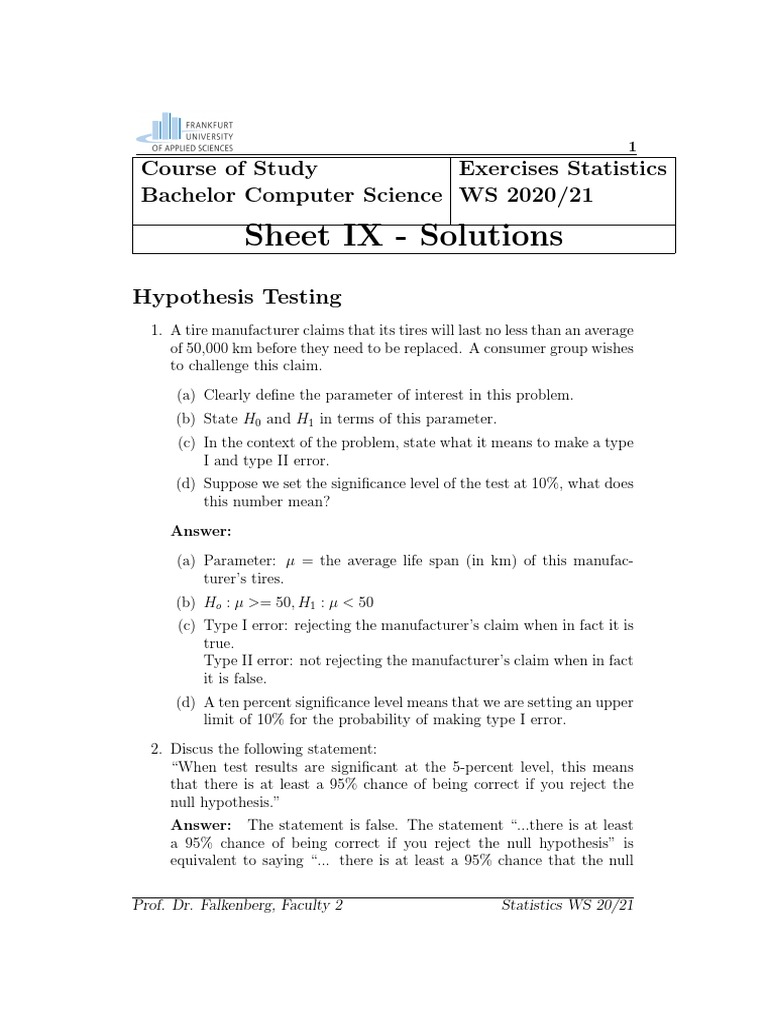Sheet9 Sol | PDF | Statistical Significance | Type I And Type Ii Errors