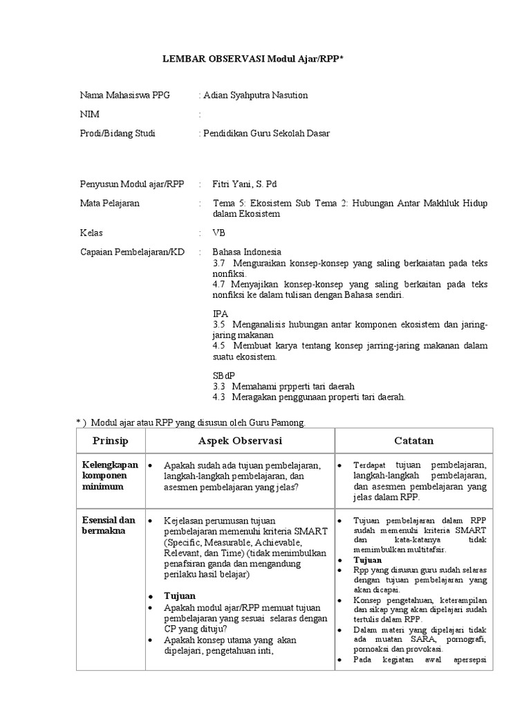 Format Lembar Observasi RPP | PDF | Pengembangan Diri | Sains & Matematika