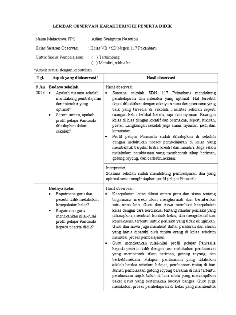 Lembar Observasi Karakteristik Peserta Didik | PDF