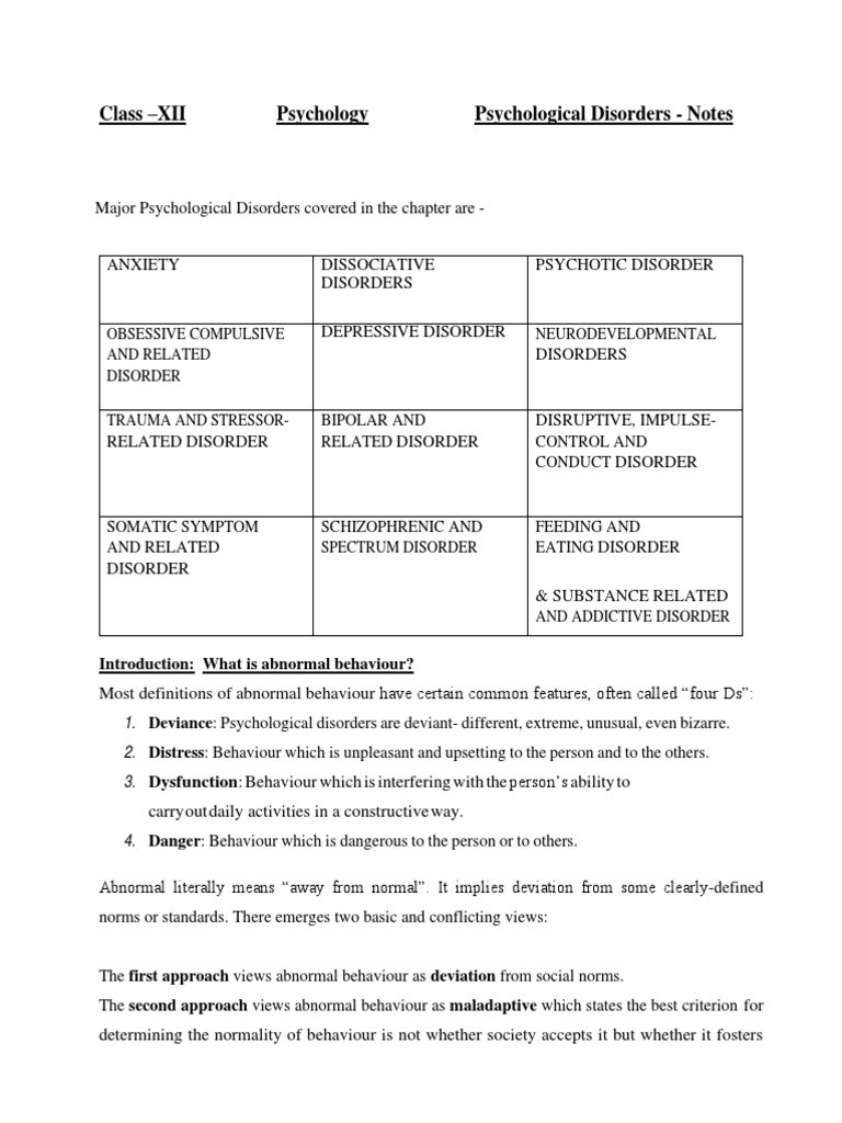 Class 12 Psychology: Disorders Notes | PDF | Mental Disorder | Anxiety ...