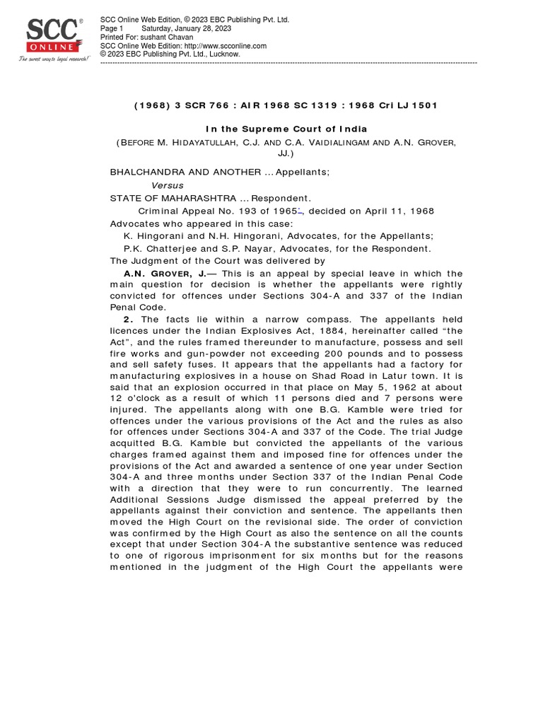 304 A Bhalchandra v. State of Maharashtra, (1968) 3 SCR 766 | Download Free PDF | Negligence ...
