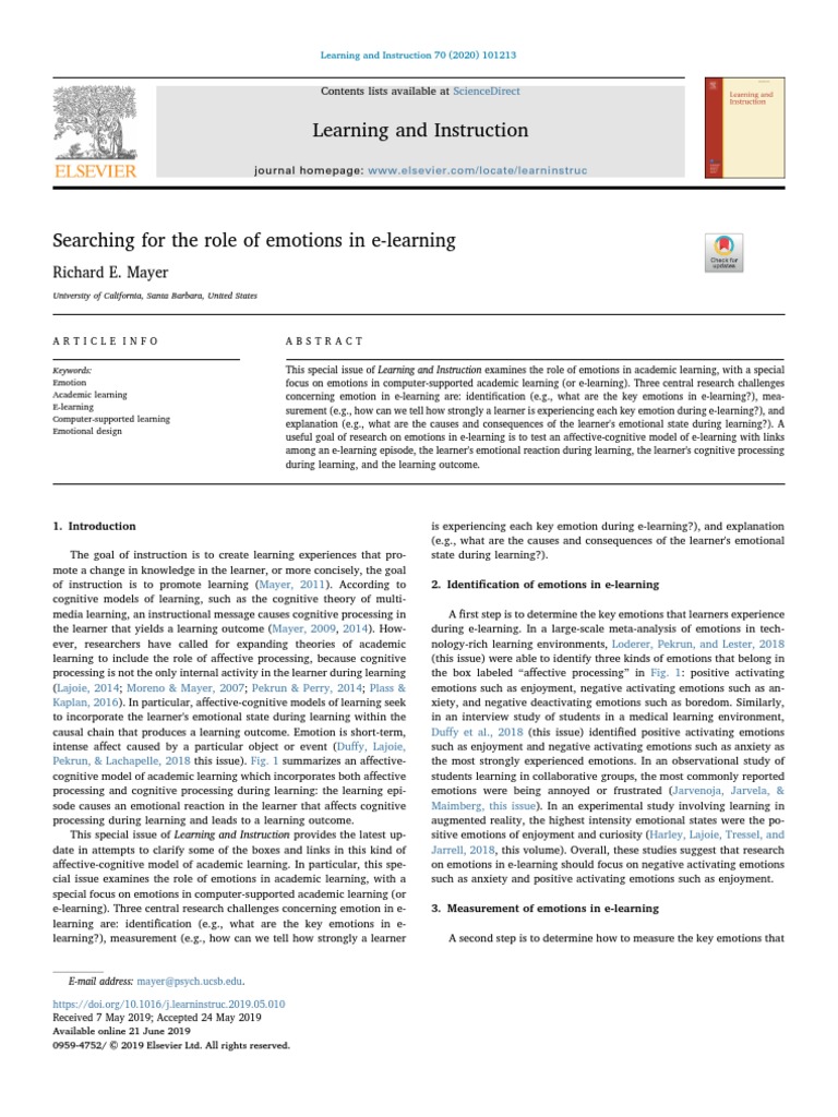 2020 - Searching For The Role of Emotions in E-Learning | PDF ...