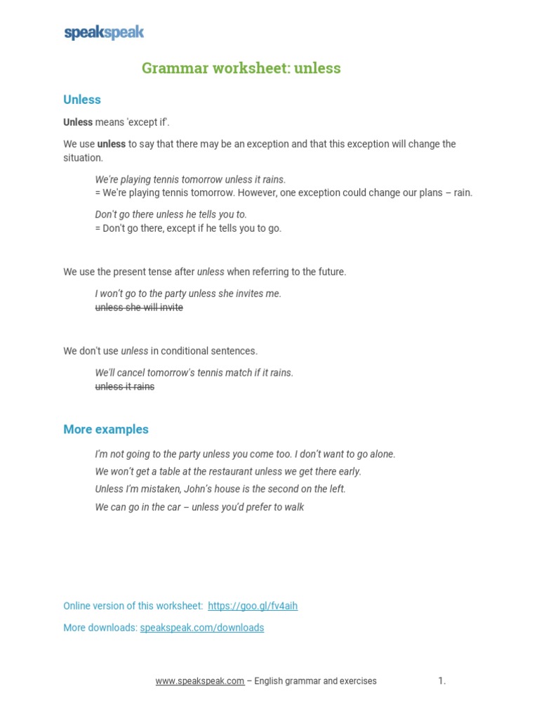 Handout Worksheet Exercise Unless If | Download Free PDF | Linguistic ...