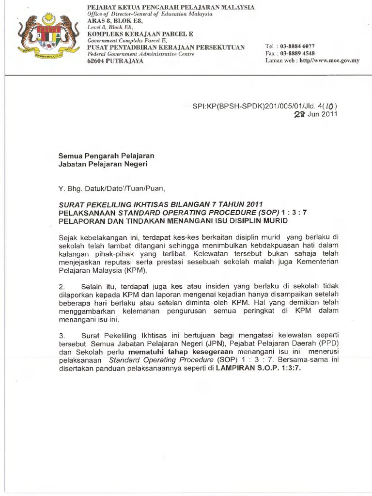 Spi 7 2011 Pelaksanaan Sop 1 3 7 Pelaporan Dan Tindakan Menangani Isu Disiplin Murid | PDF