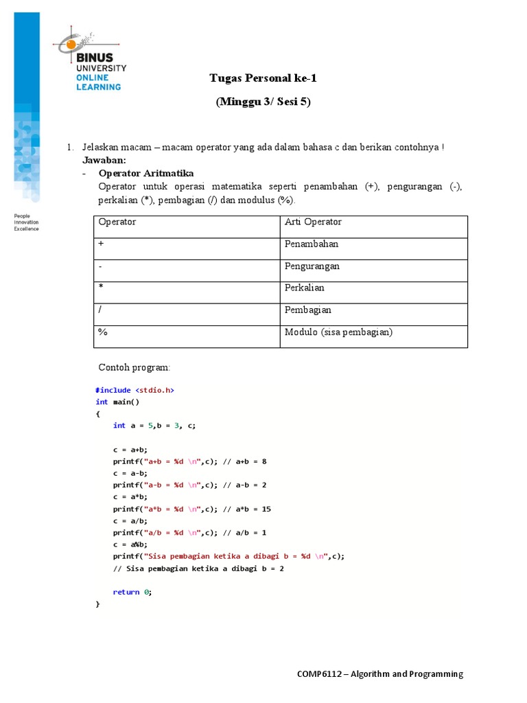 Tugas Personal Ke-1 (Minggu 3/ Sesi 5) : Jawaban: - Operator Aritmatika ...