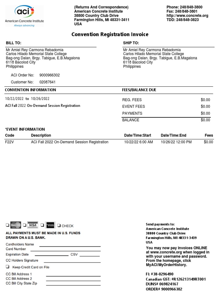 ACI Fall 2022 Session Registration Invoice | PDF