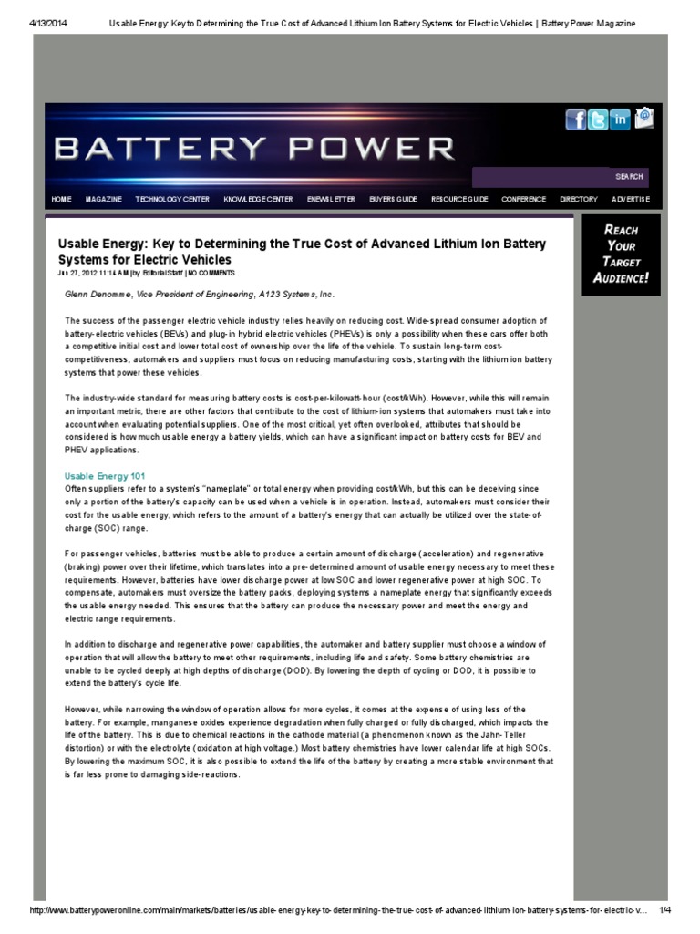 Usable Energy Key To Determining The True Cost Of Advanced Lithium Ion Battery Systems For