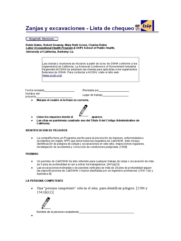 Lista de Chequeo Zanjas y Excavaciones | PDF | Administración de ...