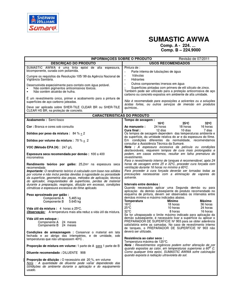 Sumastic AWWA | PDF | Tinta | Substancias químicas