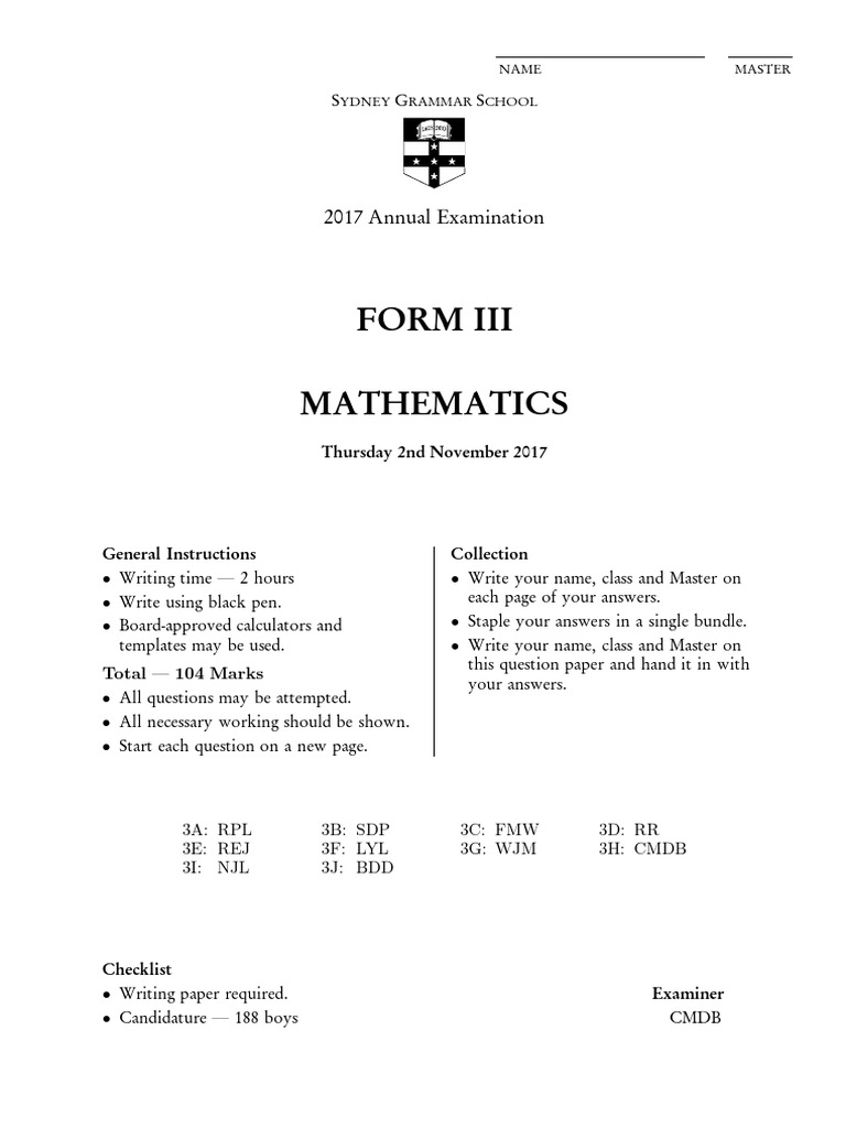 Sydney Grammar 2017 Year 9 Maths Yearly & Solutions | PDF | Equations ...