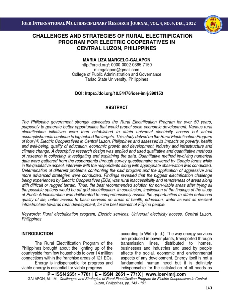 Challenges and Strategies of Rural Electrification Program For Electric Cooperatives in Central ...