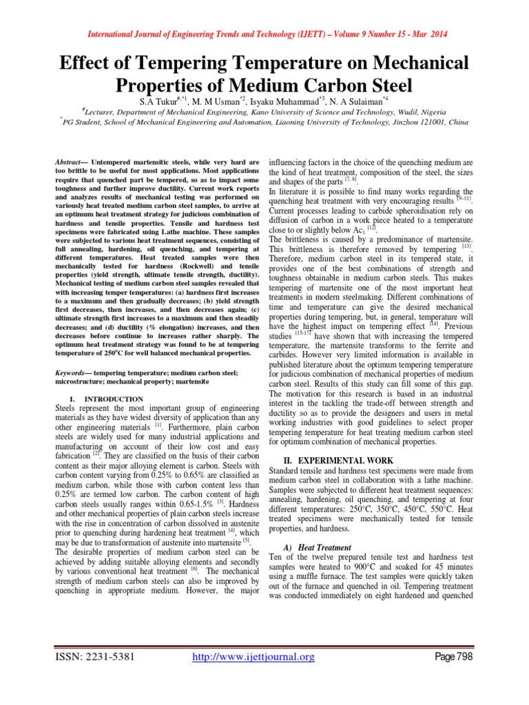 Effect of Tempering Temperature On Mecha | Download Free PDF | Heat Treating | Steel