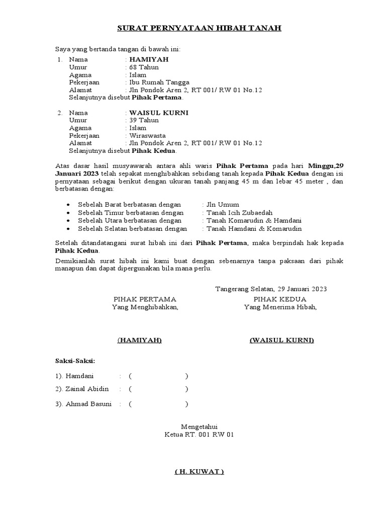 Contoh Format Surat Hibah Tanah | PDF
