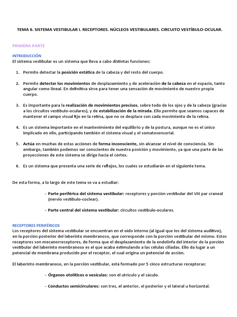 Sistema Vestibular: Receptores y Núcleos | PDF | Cerebelo | Órgano ...