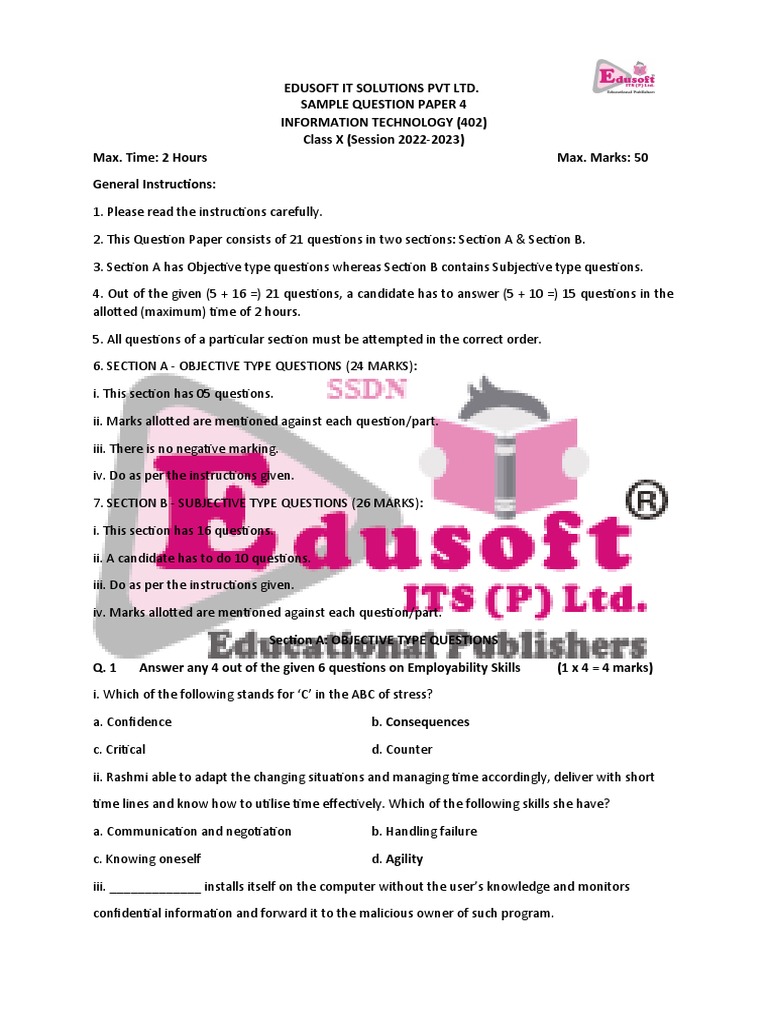 Class X IT - 402 (Session 2022-23) Sample Paper-04 | PDF | Databases | Hyperlink