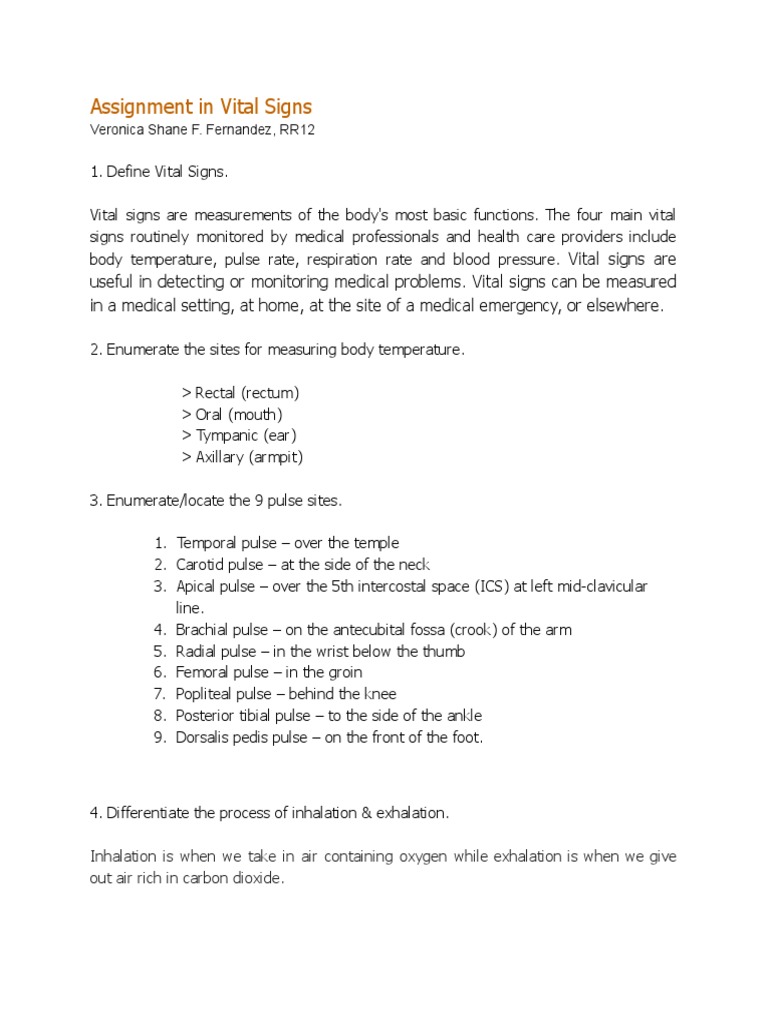 Vital Signs-Assignment-Fernandez, RR12 | PDF | Pulse | Physiology