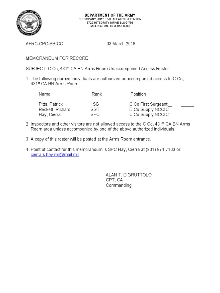 Arms Room Access Memo - C Co | PDF