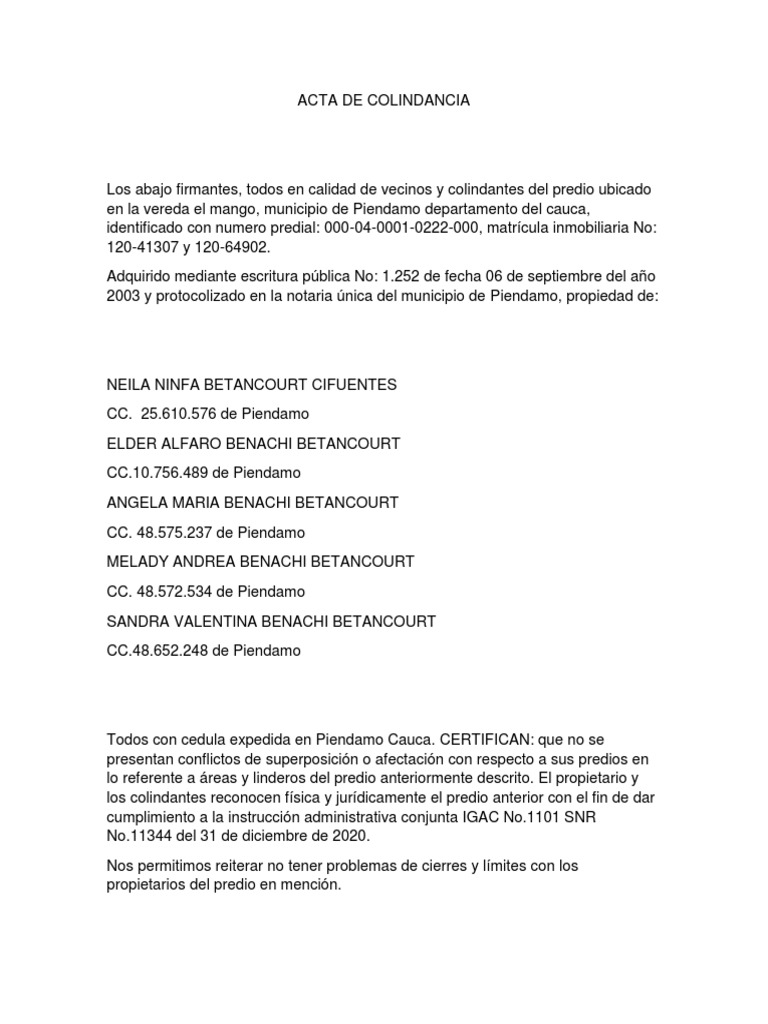 Acta de Colindancia en Piendamo | PDF | Finanzas y dinero | Hogar ...