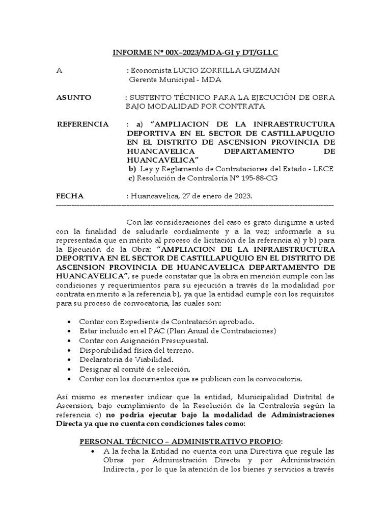 Informe Sustentatorio para Ejecucion de Obra Por Contrata | PDF