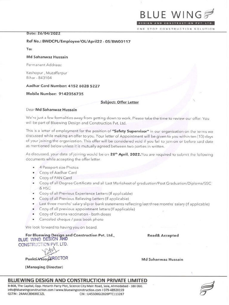 Offer Letter - Sahanwaz Hussain | PDF