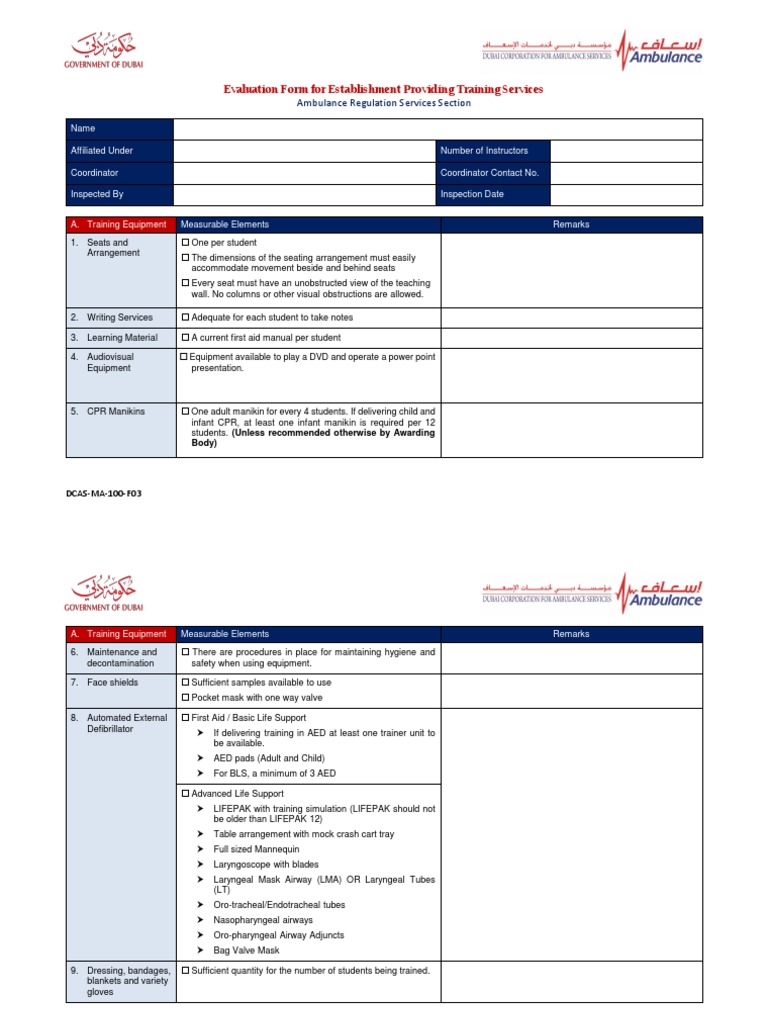 Evaluation Form For Establishment Providing Training Services | PDF