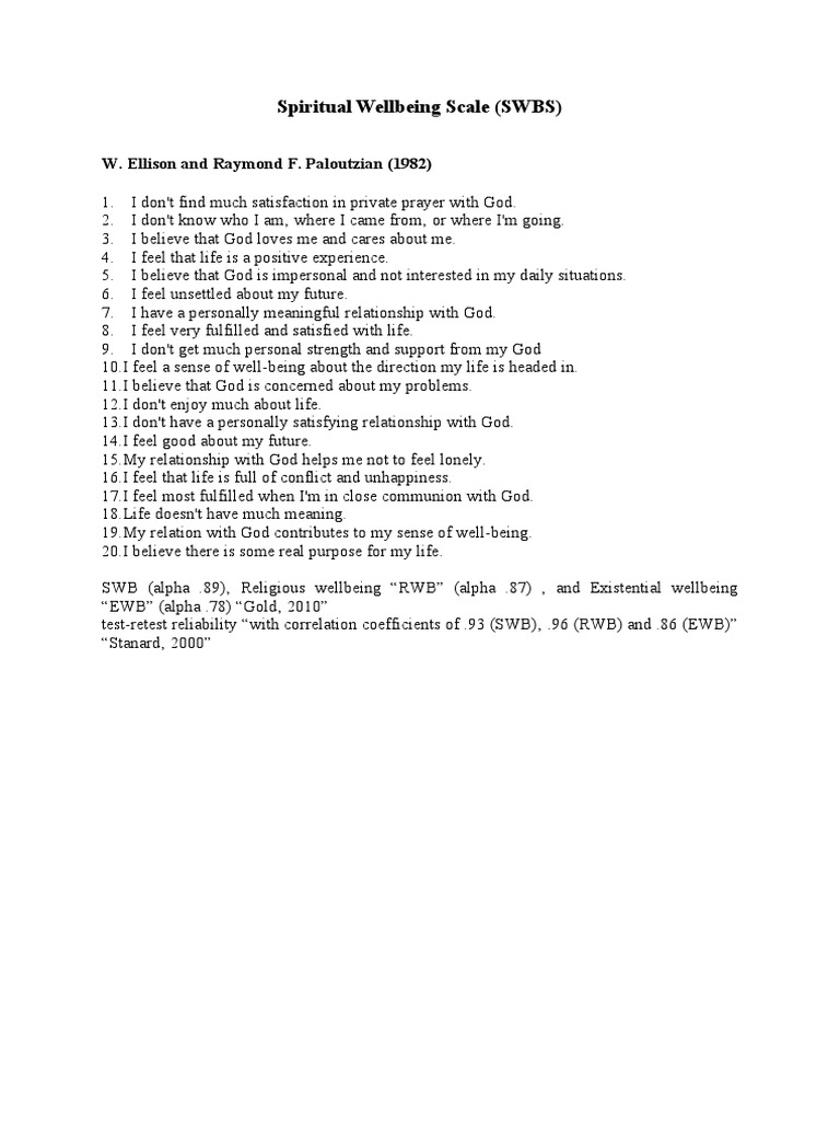 Measuring Spiritual Wellbeing: The Spiritual Wellbeing Scale (SWBS) | PDF