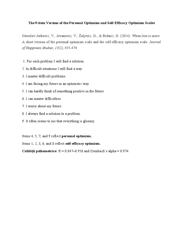 Personal Optimism And Self Efficacy Optimism Scales Pdf