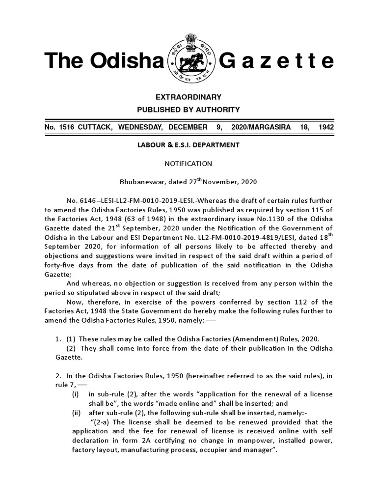 Odisha Factories Rules Amendment 2020 | PDF | Justice | Crime & Violence
