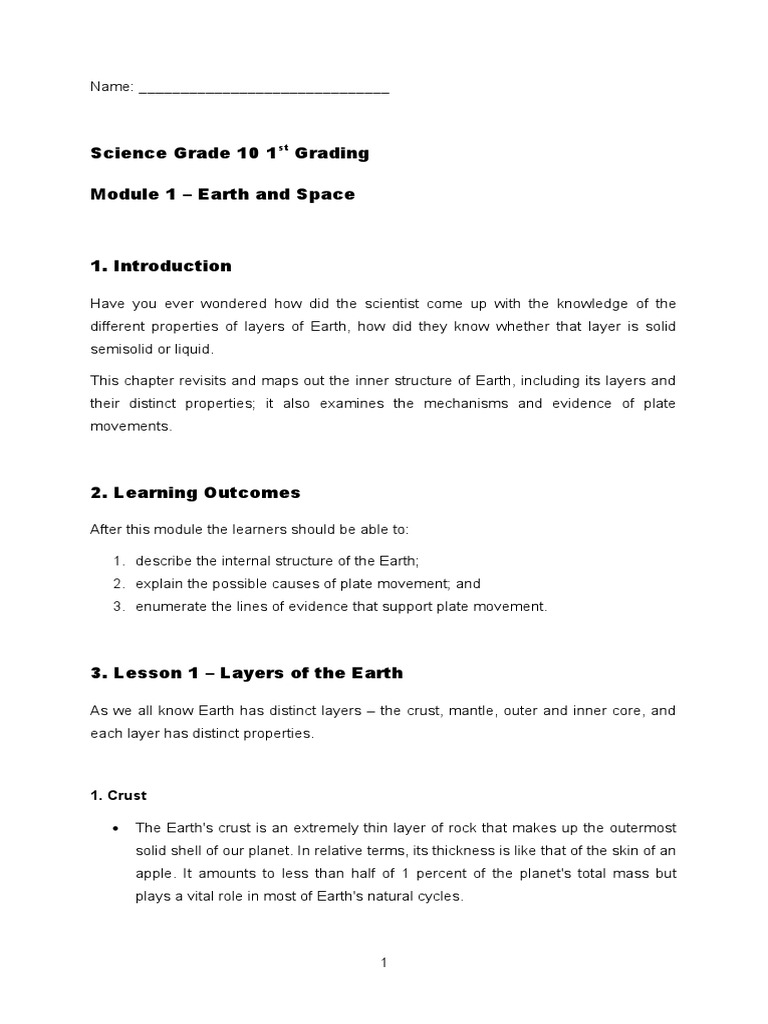 Science 10 1st Grading Module 1 | PDF | Plate Tectonics | Earth
