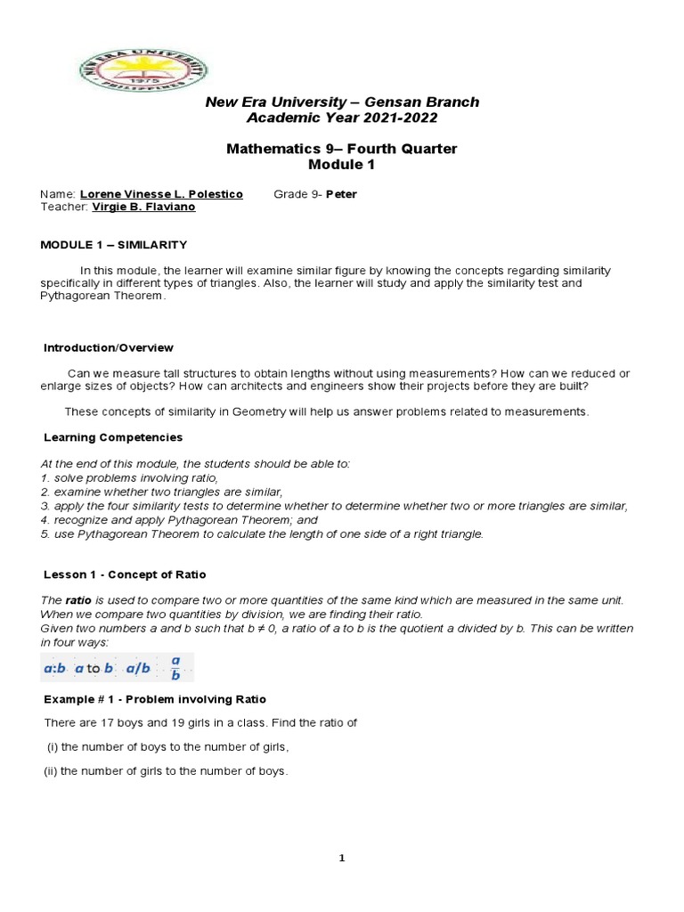 Math 9 Module 1 4TH Quarter | PDF | Ratio | Triangle