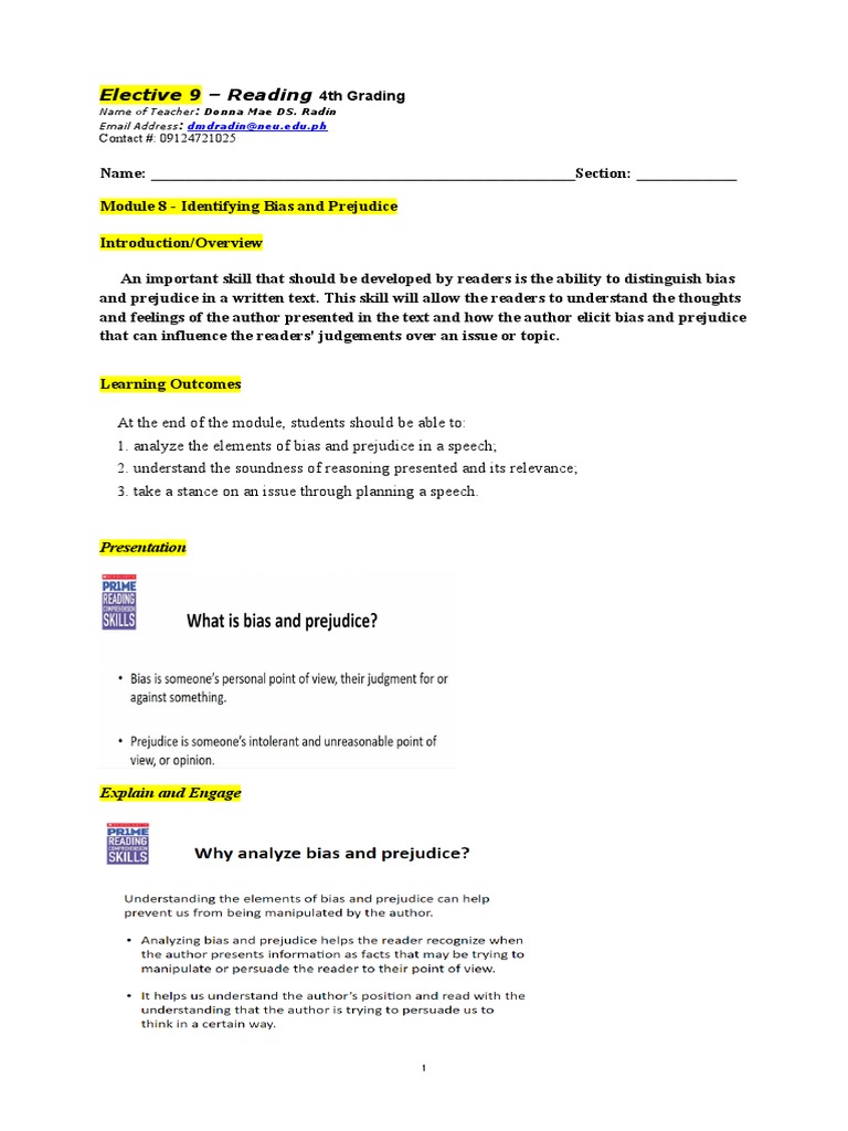 Elective 9 Learning Guide 8 Identifying Bias and Prejudice | PDF | Prejudices | Poverty