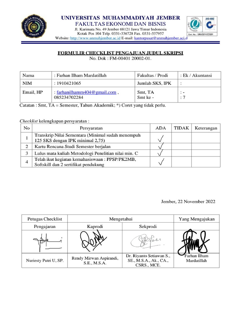 Form Pengajuan Judul Akuntansi - Farhan Ilham M | PDF