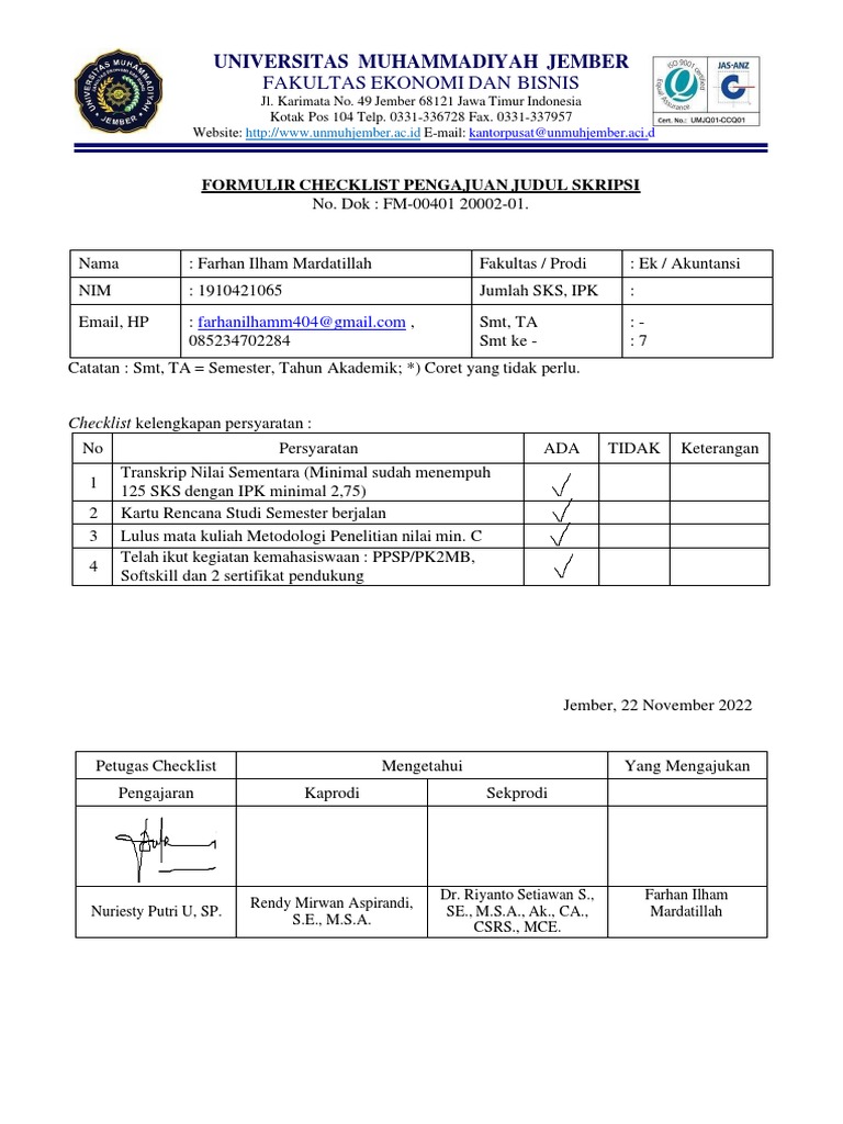 Form Pengajuan Judul Akuntansi - Farhan Ilham M | PDF