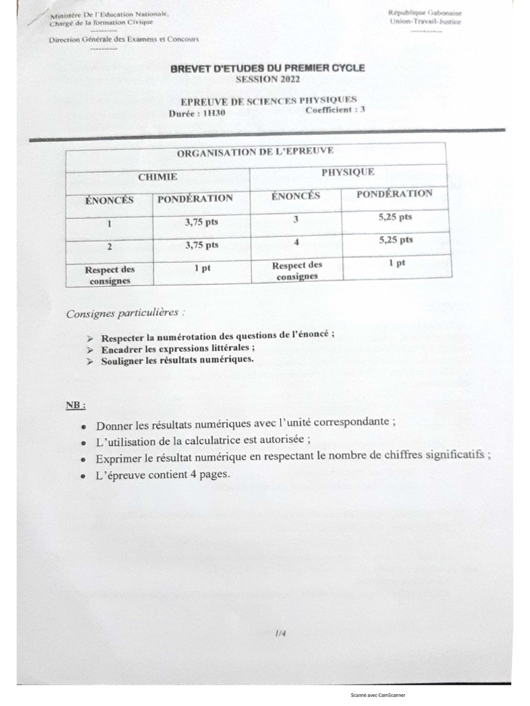 Epreuve Bepc 2022 Sciences Physiques Gabon | PDF
