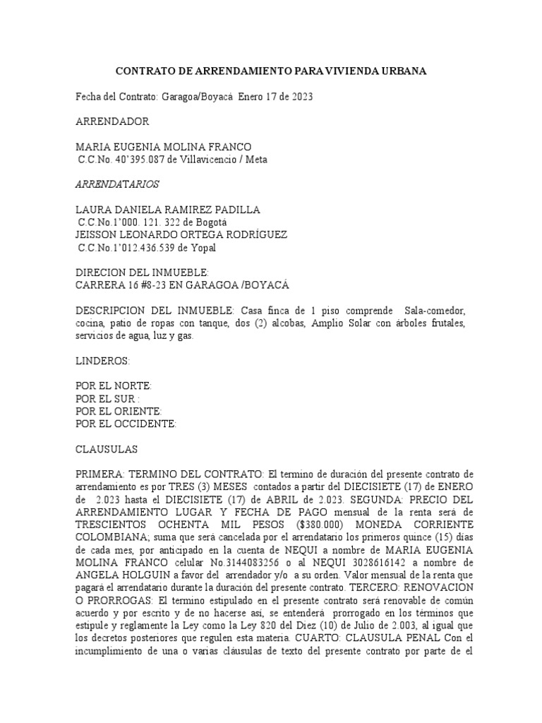 Contrato Arriendo 2023 | PDF | Costo de la vida | Pagos