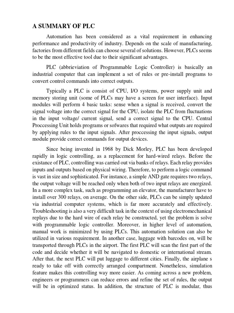 A Summary of PLC | Download Free PDF | Programmable Logic Controller | Input/Output