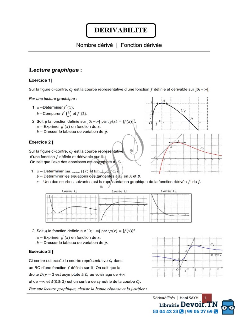 Série D'exercices Derivabilite Fonction Dérivée Nombre Dérivé 2017 2018 ...