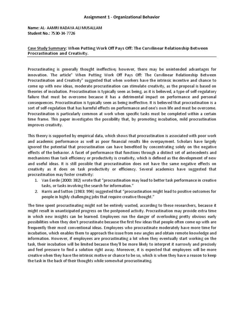 Organizational Behavior Assignment Procrastination Creativity | PDF | Motivational | Motivation