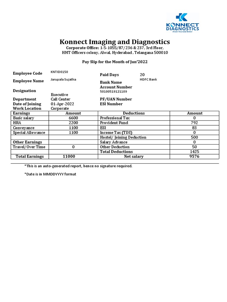 Sujatha Call Center Payslip June | PDF | Tax Deduction | Salary