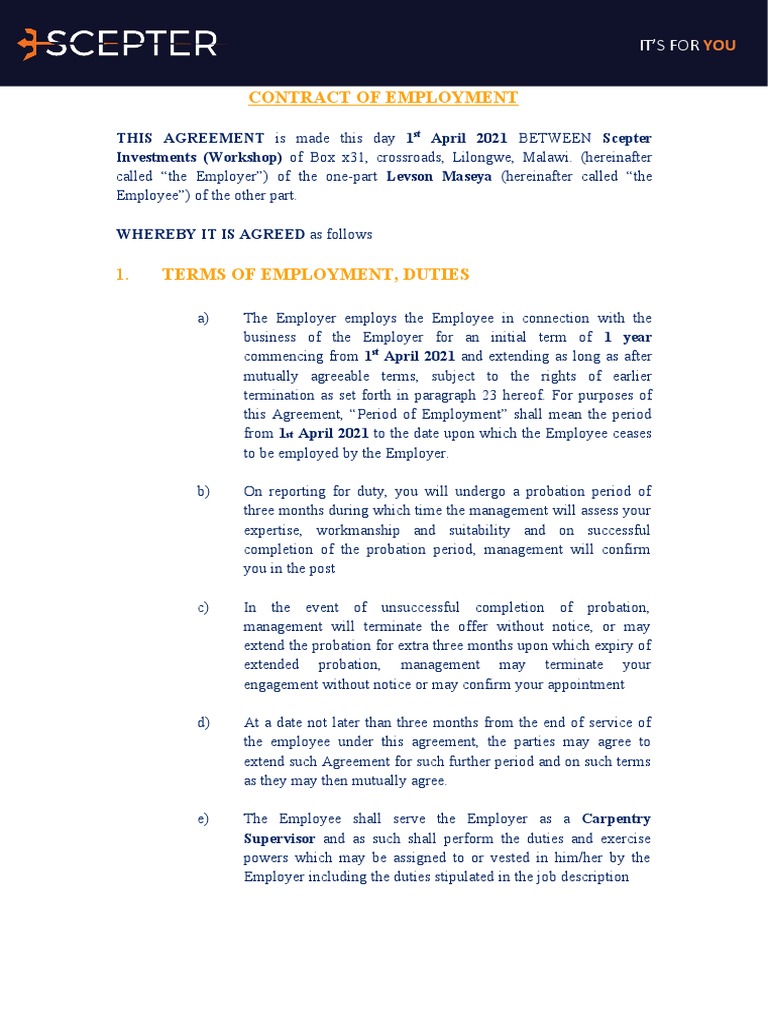 Scepter Employee Contract Levson Maseya 2021 SM | PDF | Per Diem ...