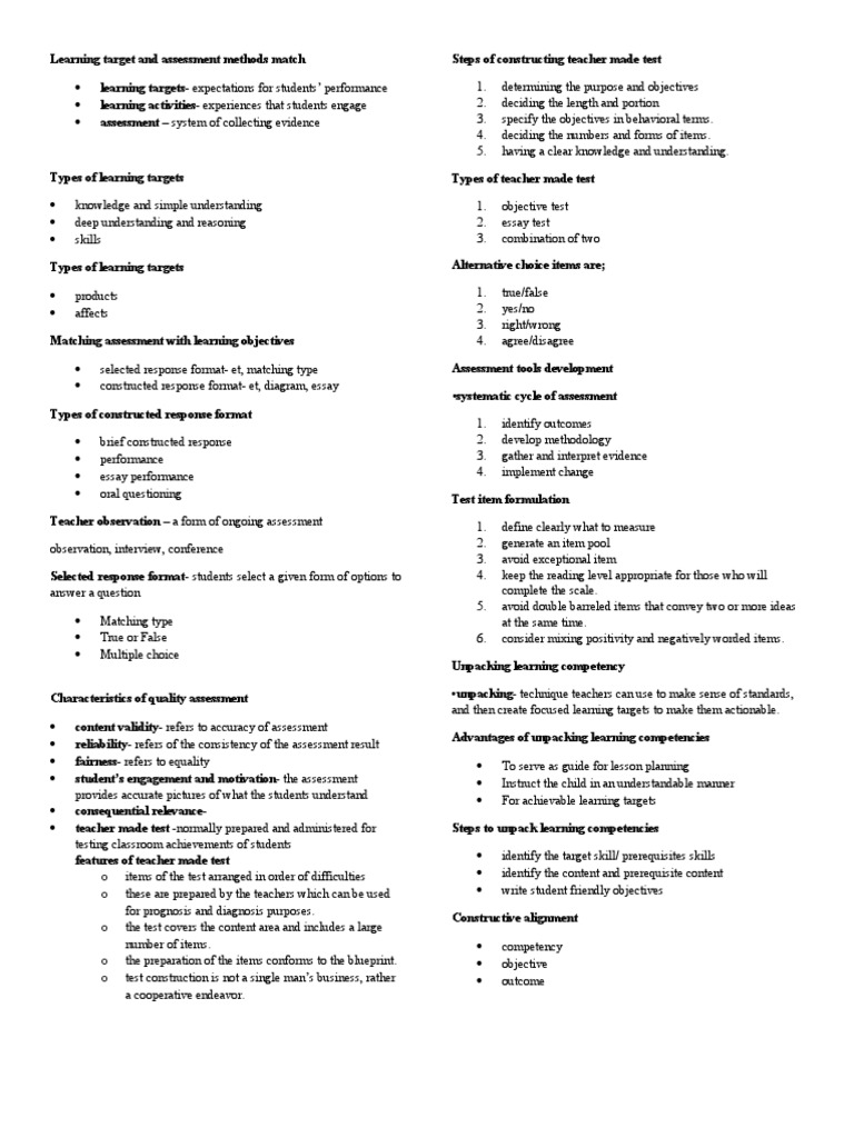 Learning Target and Assessment Methods Match | PDF | Educational ...