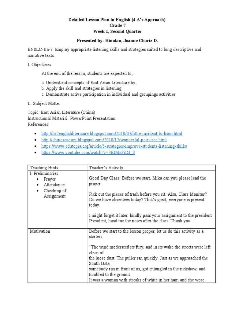 4 A's Lesson Plan | PDF | Lesson Plan