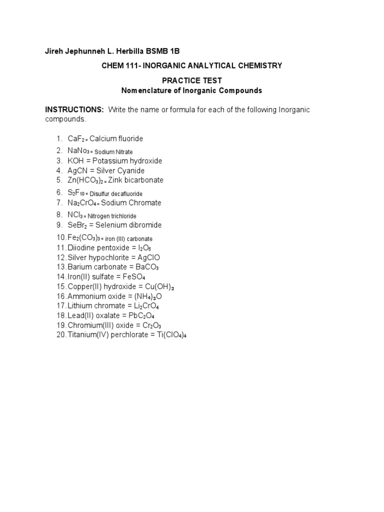 Inorganic Compounds Nomenclature Test | PDF | Science & Mathematics