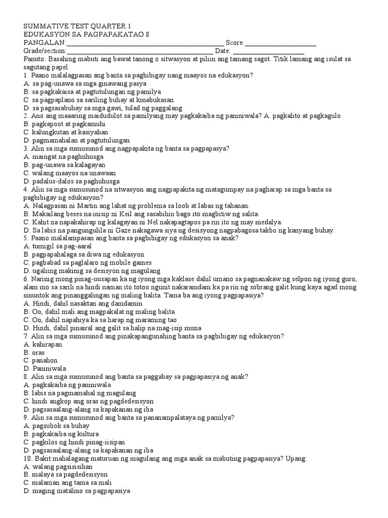Summative Test Quarter 1 | PDF