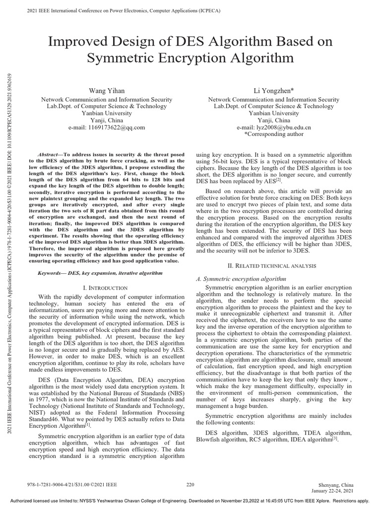 Improved Design Of Des Algorithm Based On Symmetric Encryption Algorithm Pdf Cryptography 