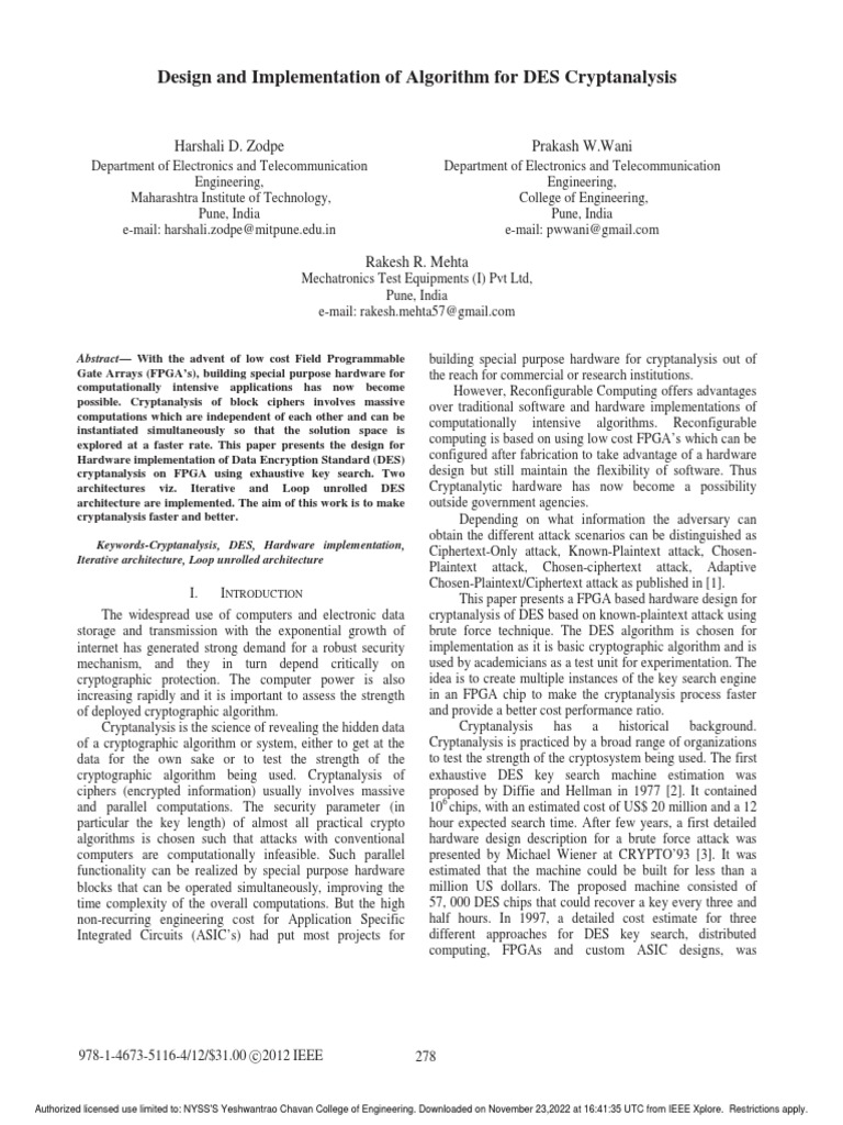 Design and Implementation of Algorithm For DES Cryptanalysis | PDF | Cryptography | Cryptanalysis