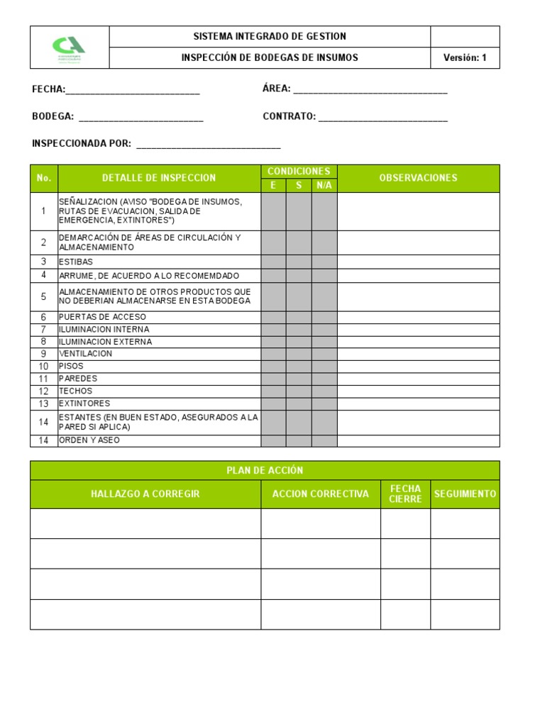 Formato de Inspección de Bodegas de Insumo | PDF