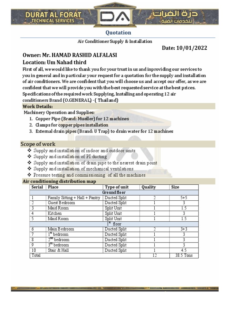 Quotation AC MR Hamad | PDF | Duct (Flow) | Air Conditioning