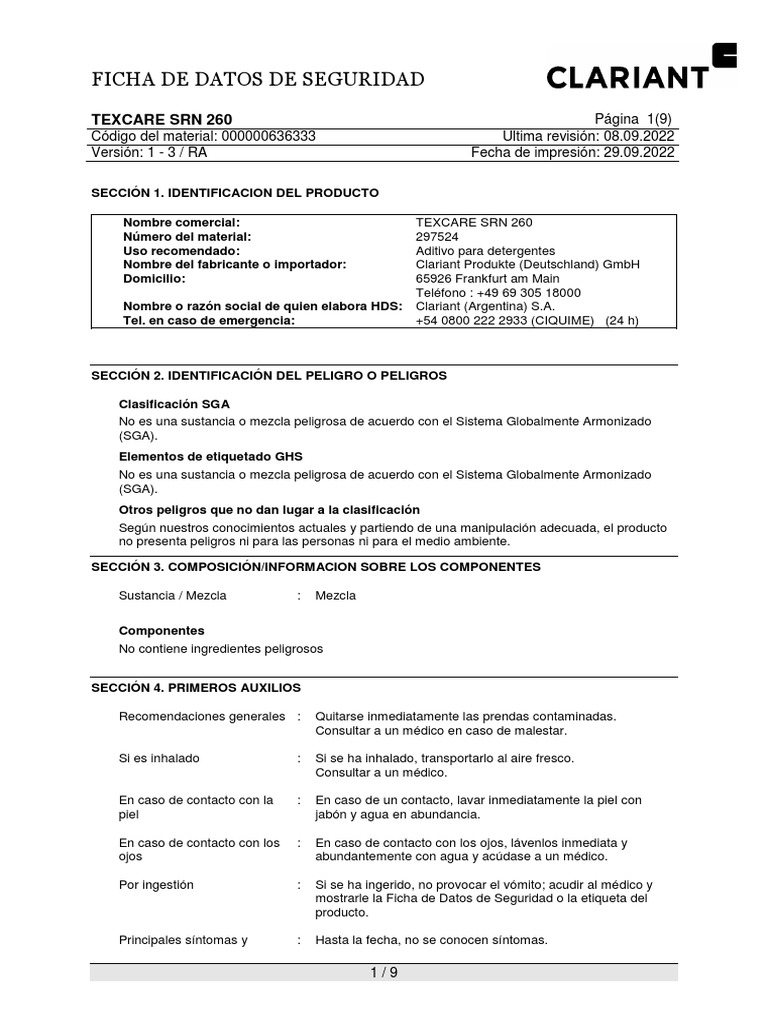 Clariant SDS TEXCARE SRN 260 Argentina Spanish | PDF | Dióxido de carbono | Agua