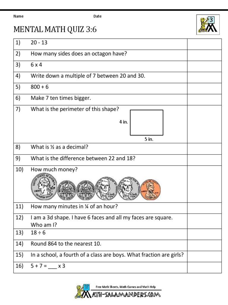 Mental Math Quiz and Answers | PDF | Games & Activities | Teaching ...